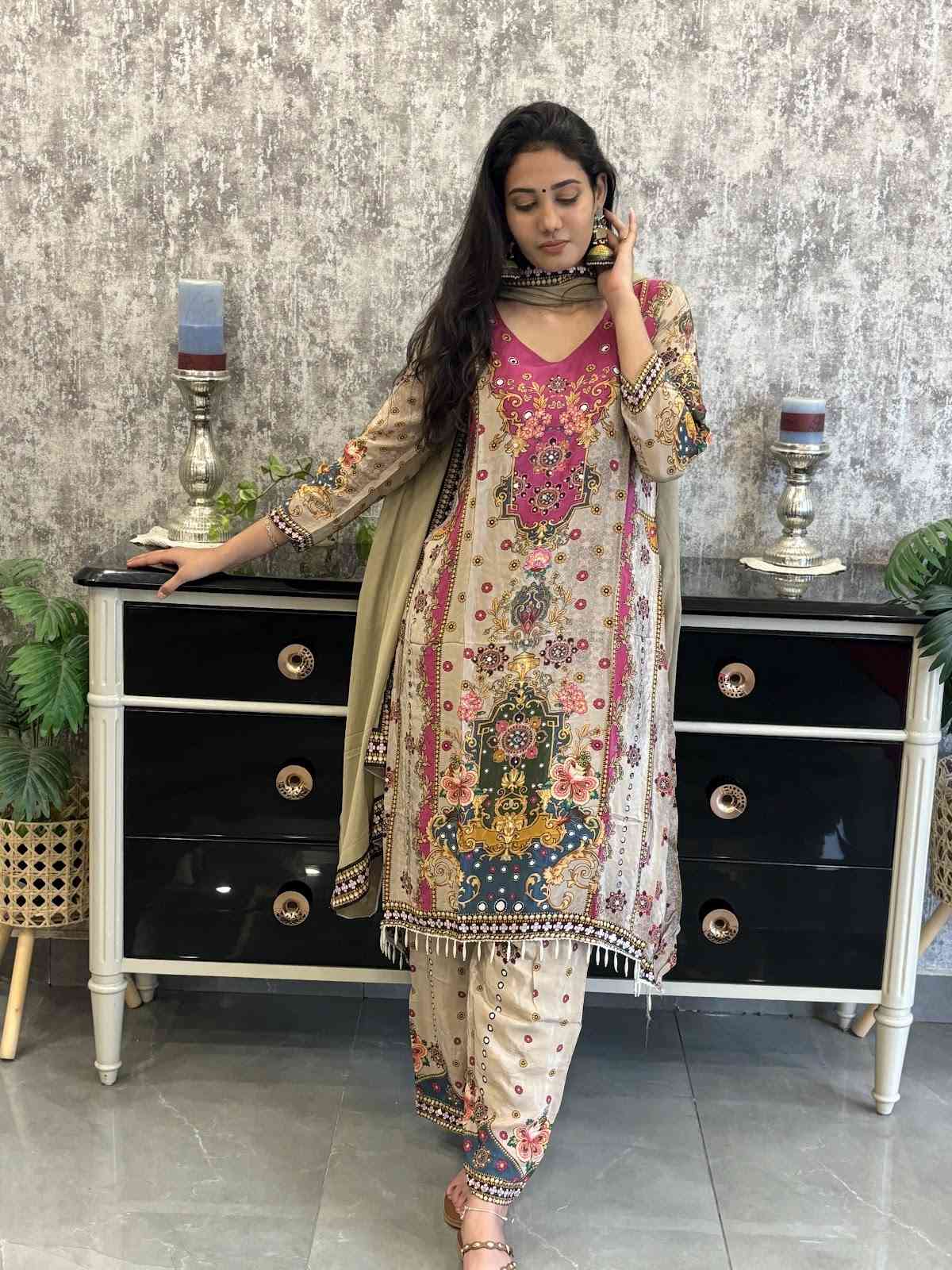 Pure Crepe Pakistani Print Embroidered Suit Set Paired With Chiffon Du ...