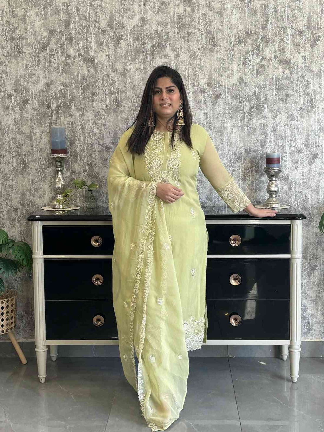 Pure Organza Hand Embroidered Cut Work Suit Set in Grape Green ...