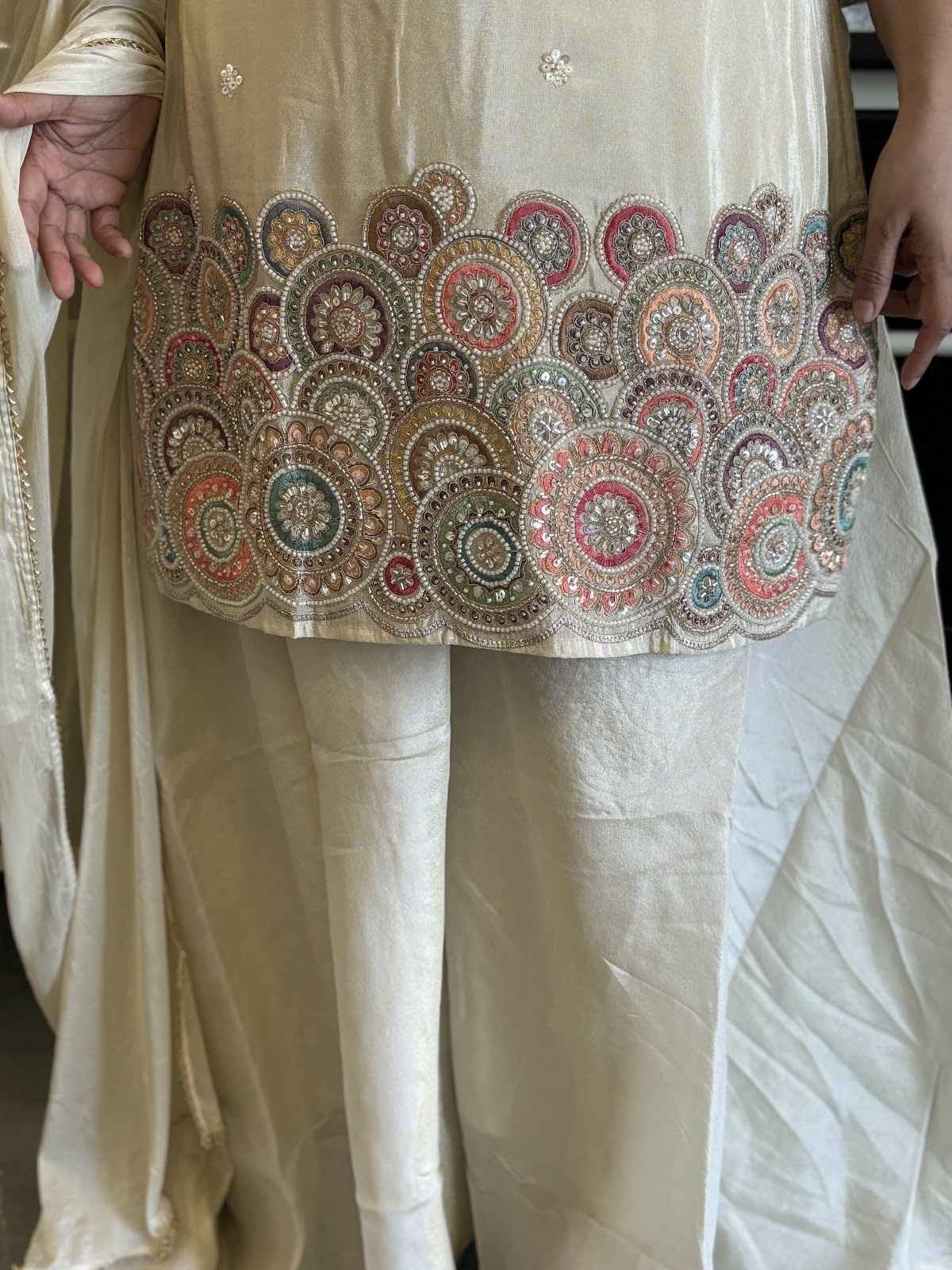 Pure Shimmer Tissue Hand Embroidered Suit Set Paired With Pure Chiffon ...