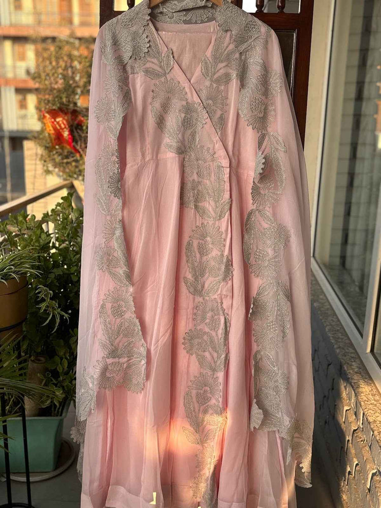 Pure Viscose Organza Angrakha Style Hand Embroidered Anarkali With Cut ...