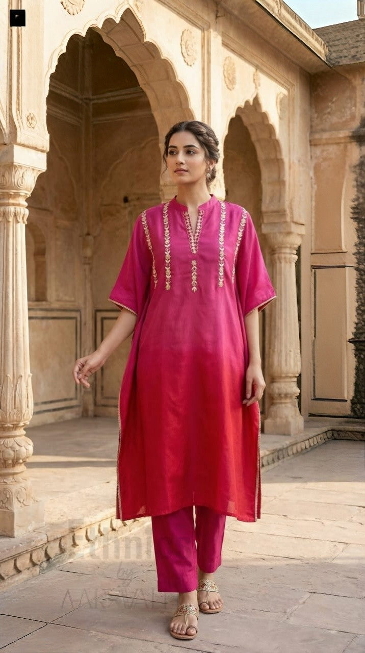 Russian Silk Gota Patti Work Ombre Shade Kaftan Set in Pink – Heritage ...