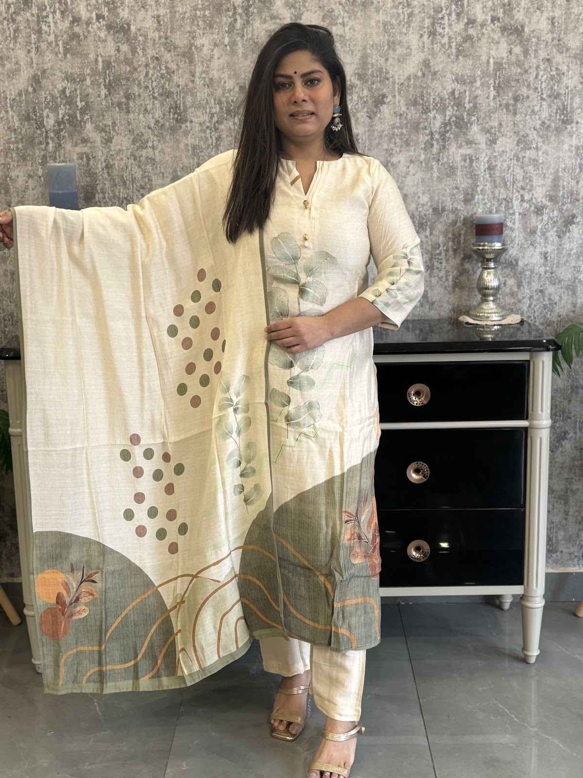 Siberian Silk Digital Print Straight Fit Suit Set With Lining in Beige ...